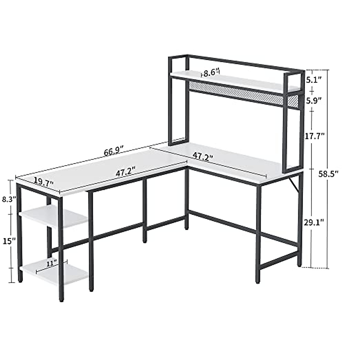 CubiCubi L Shaped Desk with Hutch, 66" Corner Computer Desk with Drawer,Home Office Gaming Table Workstation with Storage Bookshelf, White