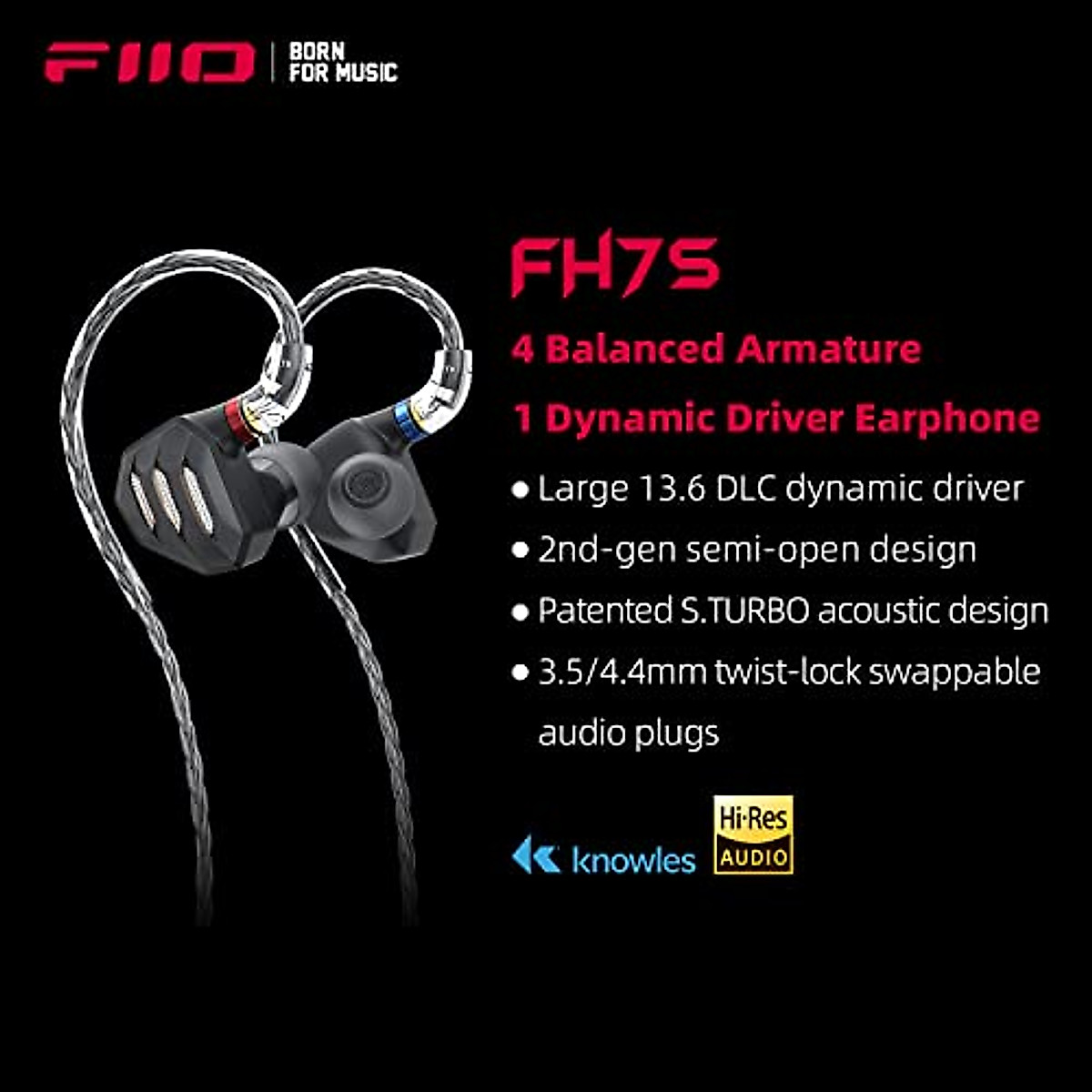 FiiO FH7S in-Ear Earphones High-Performance 1DD+4BA Hybrid Technology IEM Earbuds with 3.5/4.4mm Plug