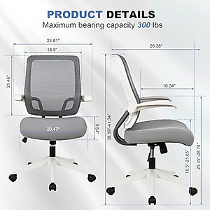 Home Office Desk Chair with Flip Up Armrest, Lumbar Support, Soft Sponge Seat, Breathable Mesh Mid Back Computer Chair, Swivel Task Chair, 300LBS Weight Capacity, Grey