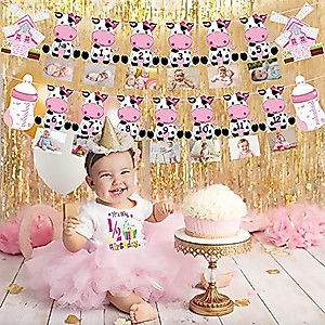 Cow First Birthday Party Decoration for Girls Pink Cow Theme 1st Birthday Photo Banner for Newborn to 12 Months for Baby Girls Farm Theme 1st Birthday Party Supplies