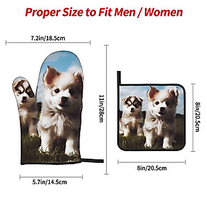 Oven Mitts and Pot Holders Set of 4 Cute Dog Print Kitchen Oven Glove Fashion Heat Resistant Oven Gloves Set for BBQ Grill Baking Cooking Oven Microwave