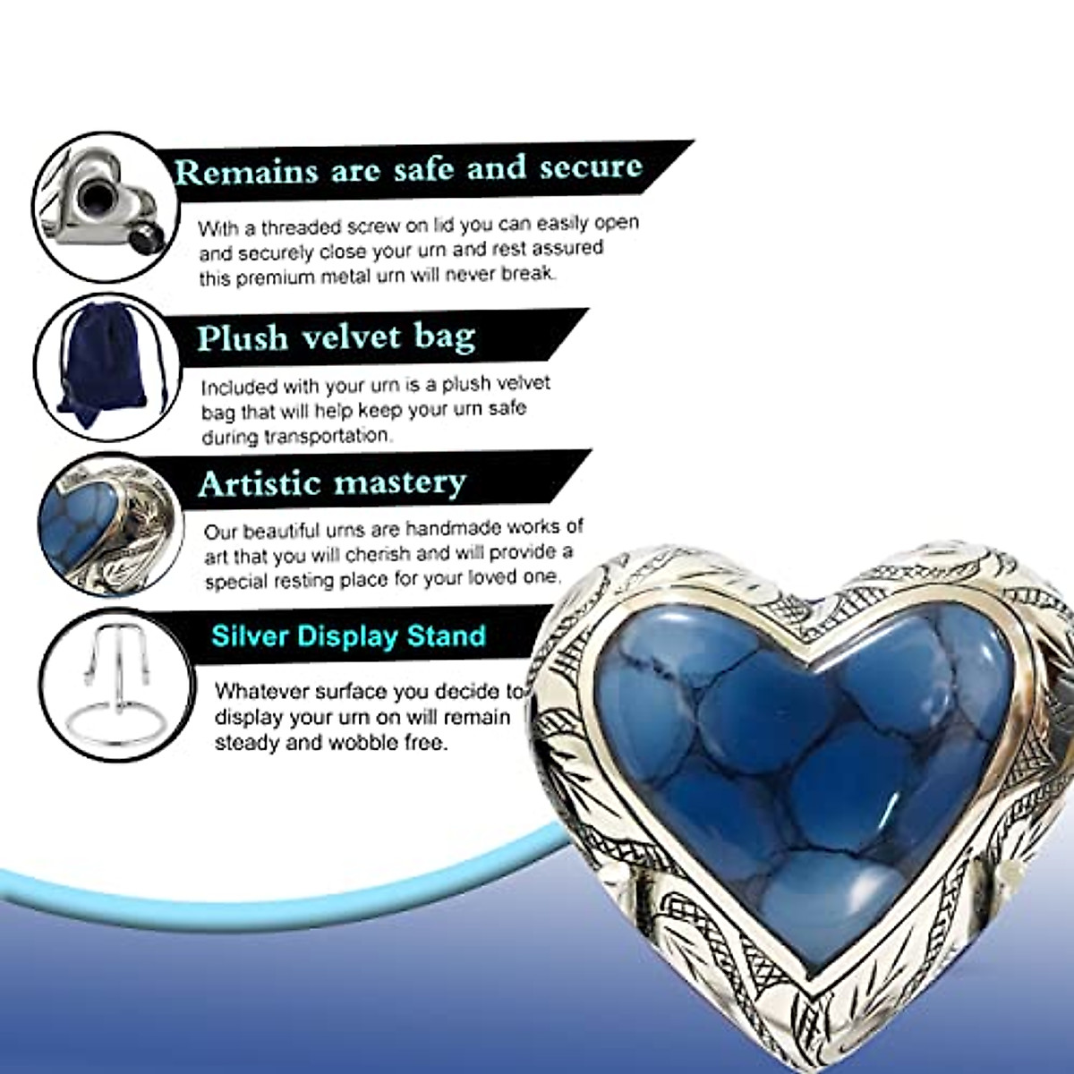 THE ASCENT MEMORIAL Small Love Heart Urn for Human Ashes | Mini Keepsake Funeral Ash Container for Human Remains with Display Stand, Velvet Carry Bag, Paper Funnel and Beautiful Gift Box