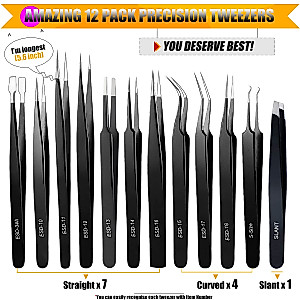 Antonki 12 Pack Precision Tweezers Set, Point and Slant Metal Tweezer Kits for Craft, Soldering, Jewelry, Ingrown Hair, Eyelash Extension, Eyebrow - with Case