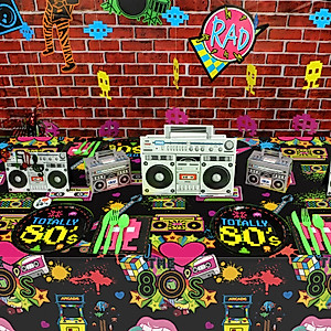 FunHot 80s Tablecloths, 4 Pcs 54 x 108 Inch Waterproof Black Print Rectangular Table Covers for 80s Nostalgia Party Decorations