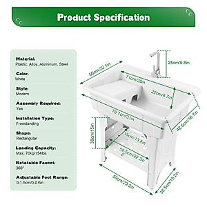 Utility Sink Laundry Tub, Freestanding Utility Sink,With Hot and Cold Faucet, Valves Drain Pipe, Heavy Duty Slop Sinks For Washing Room, Basement, Garage or Shop, Large Free Standing Wash (White)