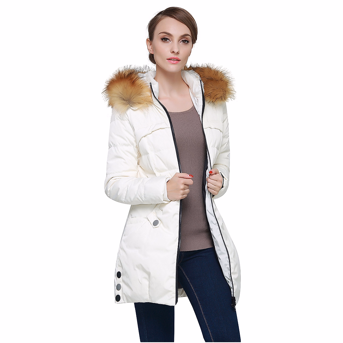 Orolay Women's Down Jacket with Faux Fur Trim Hood Beige L