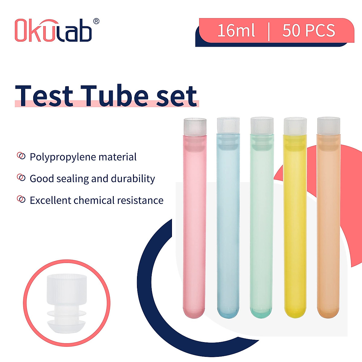 Okulab Test Tubes, Plastic Test Tubes with Caps, 50pcs 5 Colors Tampon Alcohol Tubes, with Flange Stopper for Lab, Classroom, Craft, TTP16B50