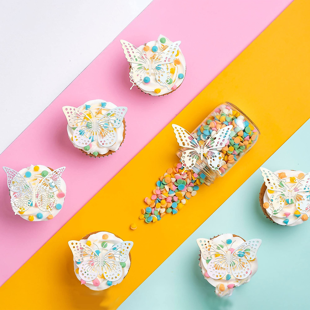 Gyufise 36 Pack Silver Laser 3D Butterfly Cupcake Toppers Hollow Butterfly Cake Decorations for Birthday Wedding Fairy Party Butterfly Wall Sticker Decal for Background Wall Decoration