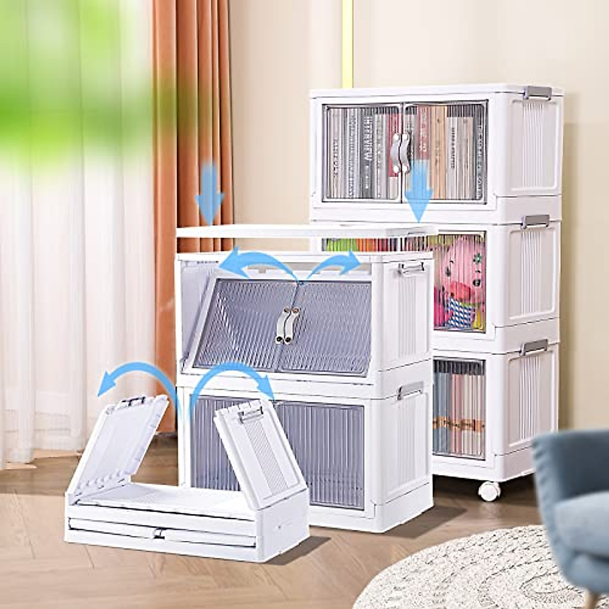 JOYBOS 3 Pack Stackable Storage Bins with Lids and Bathroom Sensor Trash Can