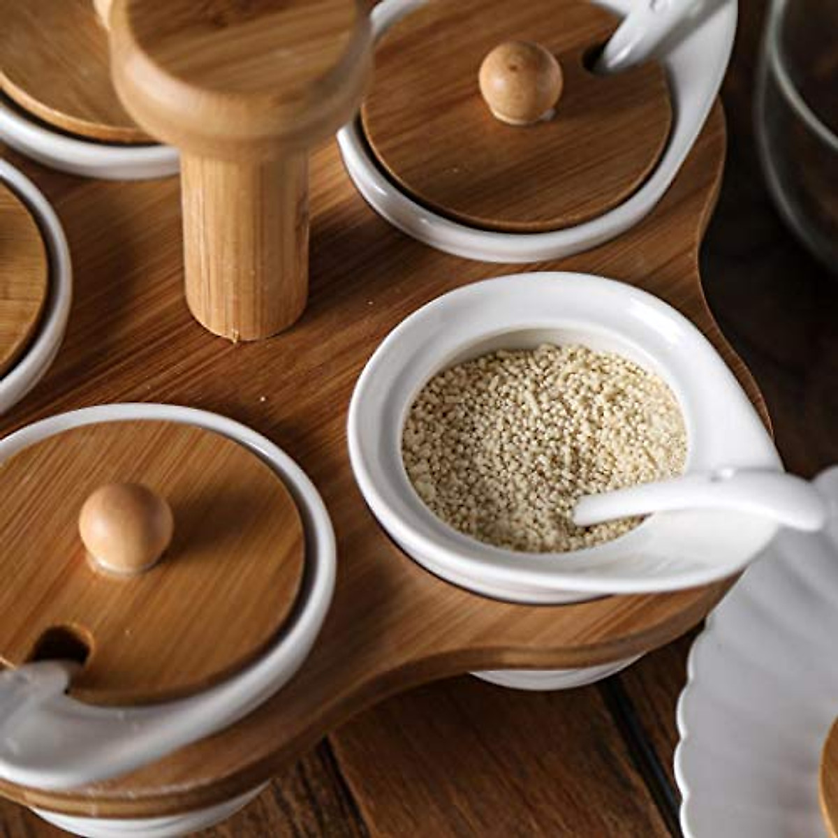 Ceramic Condiment Jar Pots 5 pcs Set durable Round Shape Seasoning Jar with Holder,Spoon and Bamboo Lids for Home Kitchen