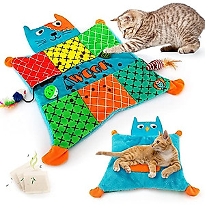 AWOOF Cat Mat, Cute Soft Catnip Mat, Cat Activity Mat Machine Washable Catnip Toys Interactive Cat Toys for Indoor Cats, Self-Warming Crinkle Mat Cat Blanket for Small Medium Large Cats with 7 Pockets