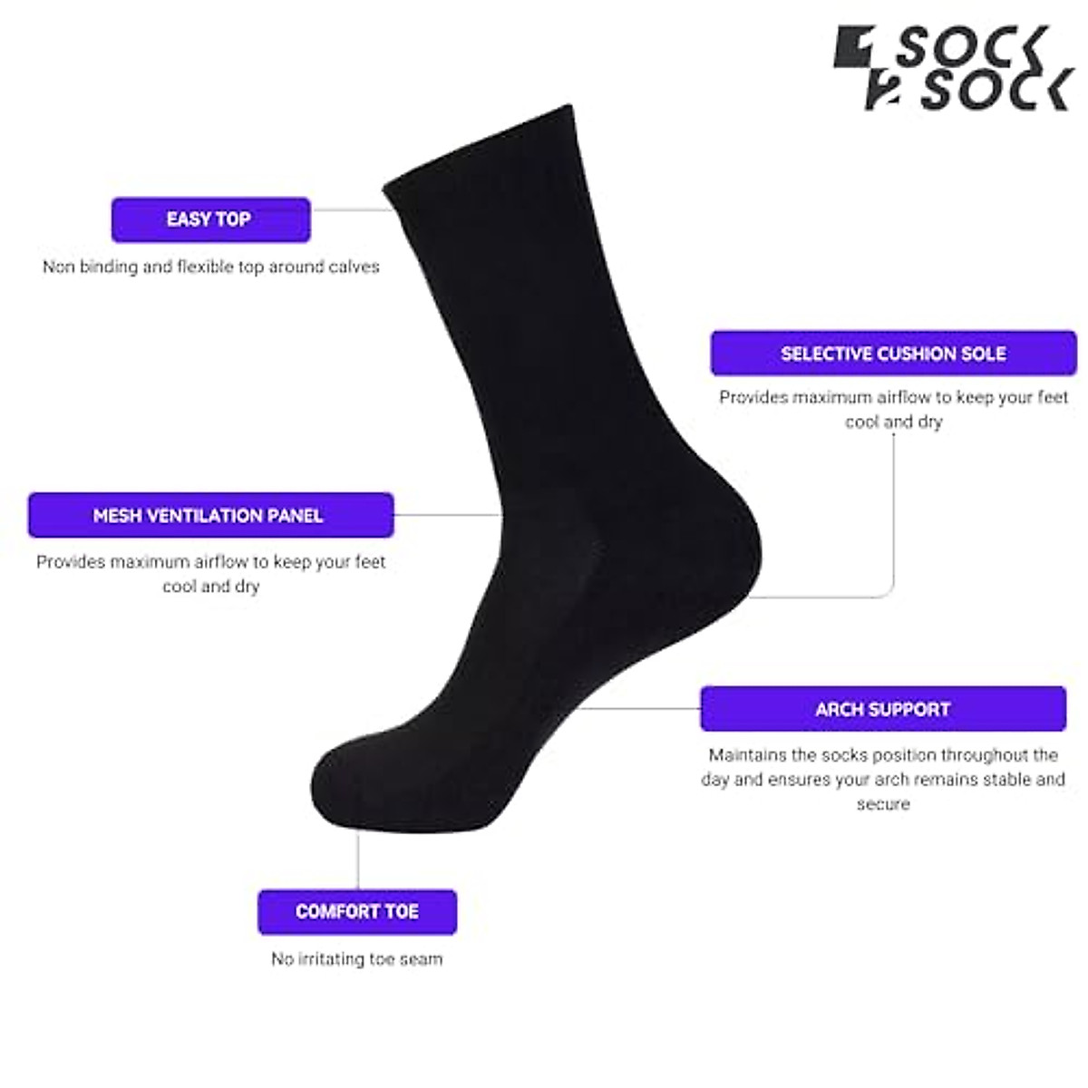 1SOCK2SOCK 6 Pack Athletic Performance Crew Socks For Men and Women - Soft Cotton Blend with Moisture Wicking - Arch Support