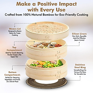 Gourmet Heaven Bamboo Steamer Basket Kit 2 Tier-10 Inch-Steamer for Cooking-Dumplings Steamer, Momo,Bao Buns, Asian,Chinese Food Steamer Basket,Silicone Pot, Rice Steamer,Liners-Dim Sum,Soup Steamer