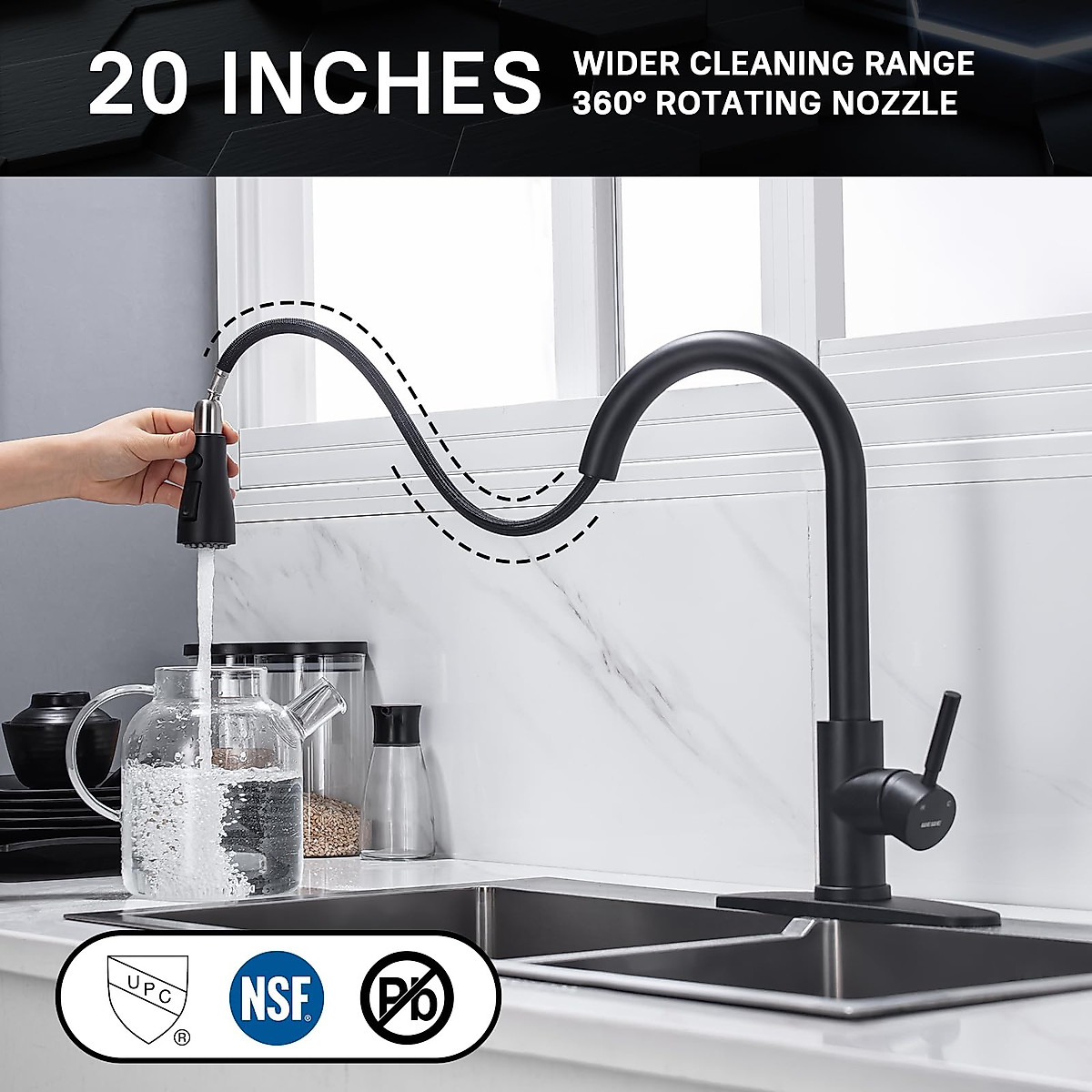 WEWE Black Kitchen Faucet, Kitchen Faucets with Pull Down Sprayer Commercial Stainless Steel Single Handle Single Hole Kitchen Sink Faucet for Farmhouse Camper Laundry Rv Bar