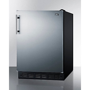 Summit FF6BK2SS 24” Wide Under Counter Refrigerator 5.5 cu.ft. Made in Europe with Automatic Defrost Operation, Reversible Stainless-Steel Door, and Deluxe black interior (Right-Hand Door)