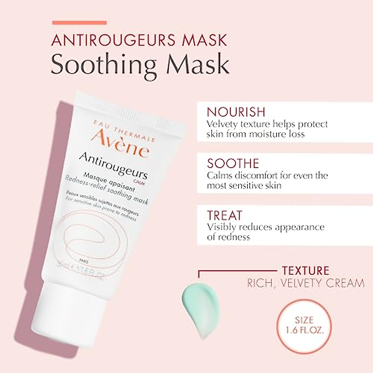 Avene Antirougeurs CALM Soothing Repair Mask, Soothes Redness Prone Skin, Tinted Green, Hypoallergenic, 1.6 Fl Oz (Pack of 1)