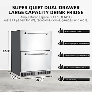 Garvee 24 inch Undercounter Refrigerator, 5.12 Cu.Ft Outdoor Fridge for Patio, Wine and Beverage Refrigerator, Drawer Refrigerator Under Counter Fridge Ideal for Home and Commercial