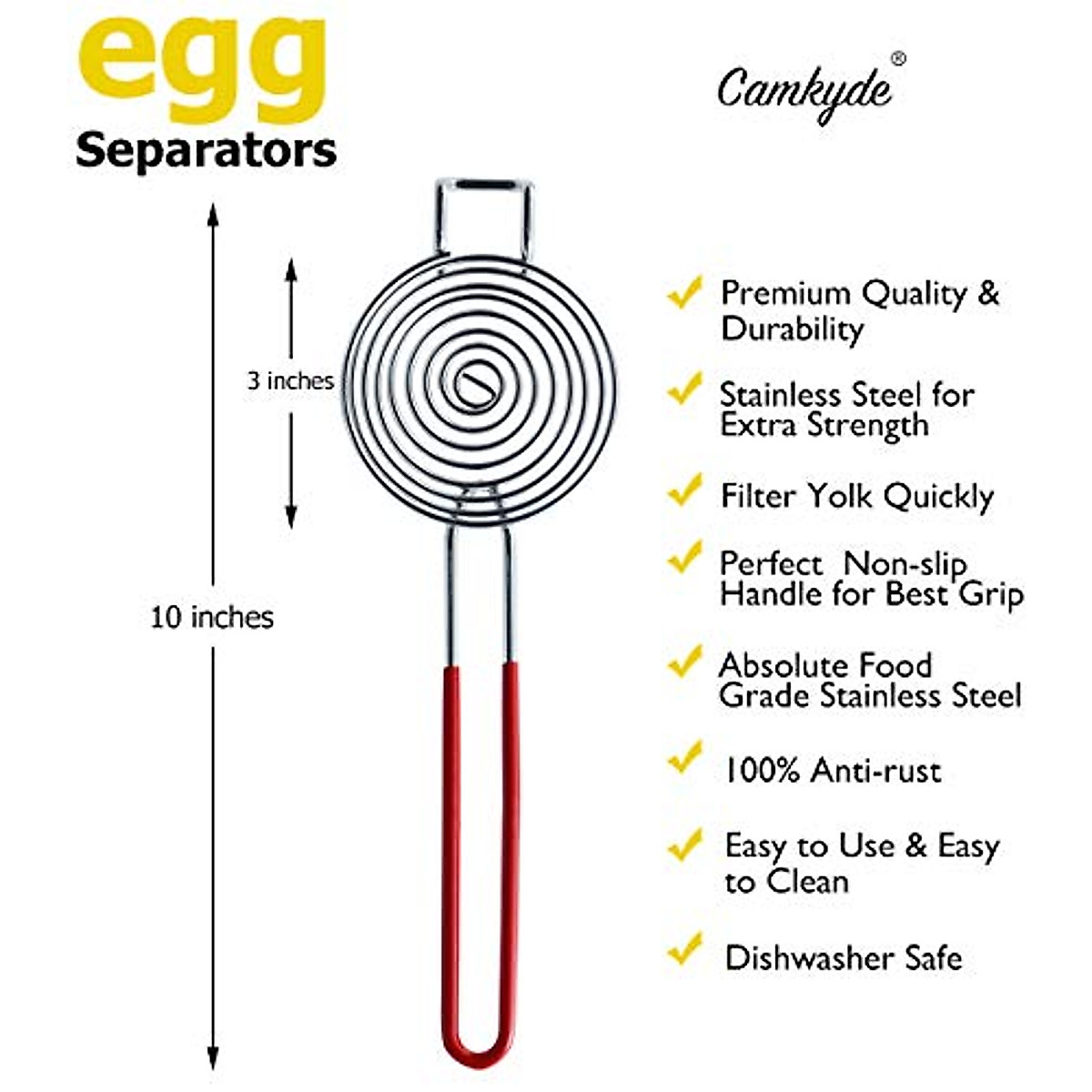 CAMKYDE Egg Separator Food Grade Stainless Steel Egg Yolk White Separation Tool （Red）