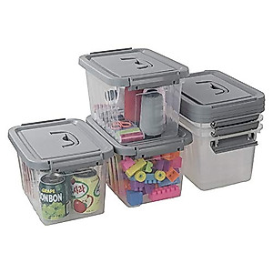 Gloreen 6 Quart Clear Storage Bins with Grey Lid and Handle, Stackable Plastic Storage Latch Box/Containers, 6 Packs