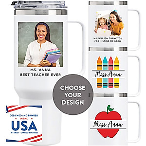 Andaz Press Personalized Photo 40oz Tumbler with Handle, Lid and Straw, Custom Picture 40 oz Tumbler Travel Mug, Custom Mug with Name Text Teacher Gifts for Women, Teacher Appreciation Gifts