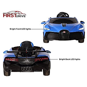 Bugatti Divo - Blue- Dual Motor Electric Power Ride On Car W/Parental Remote, MP3, Aux Cord, Bluetooth, Led Headlights, and Premium Wheels- by First Drive (Blue)
