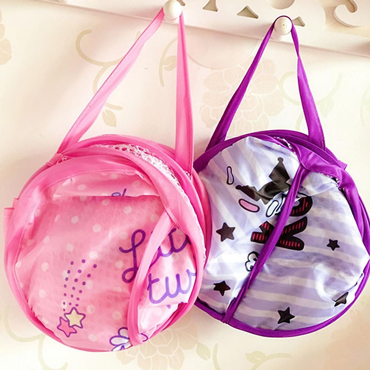 FourFine Mesh Pop Up Laundry Hamper Basket With Carry Handle Cute Collapsible Storage Bin Lightweight For College Home Room Travel Camping 22 * 13.5 * 13.5 inches (Purple)