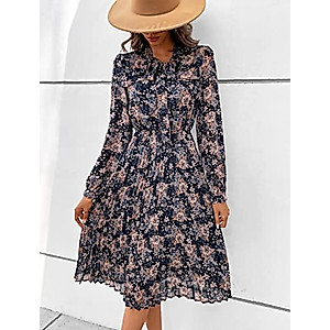 HAOKEKE Women Print Dress Long Sleeves Chiffon Dress Retro Pleated Buttons Down Bow Tie Fairy Lady Dress Navy Blue Flower Print US 12-14