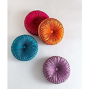 Cassiel Home Summer Home Pleated Velvet Round Throw Pillow Turqoise Summer Pintuck Decorative Pillow for Couch Sofa Bed Armchair Lounge Garden Patio Bench or Bedroom Floor Cushion 14.5 inches