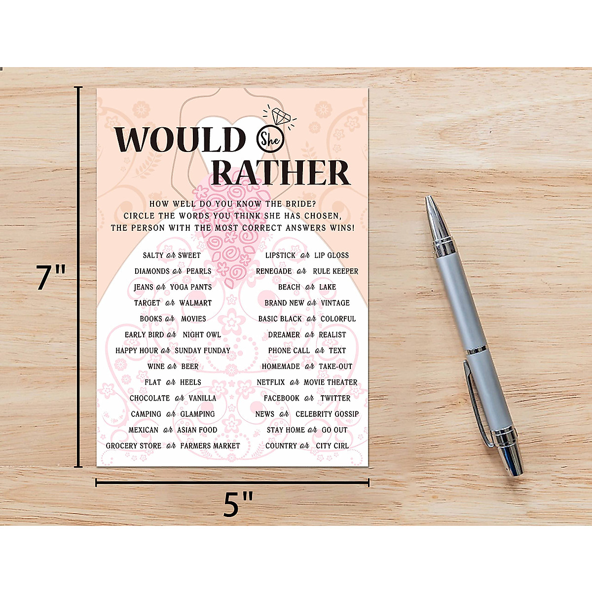 Huastatewolf Bridal Shower Game Cards, Would She Rather Game, Brid with Holding Flowers Pink Engagement Party Cards for Wedding, Set of 30 Cards(Dress003)