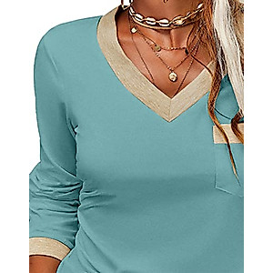 Dyexces Womens Long Sleeve T Shirts Casual V Neck Color Block Tunic Tops Loose Basic Top Lake Green