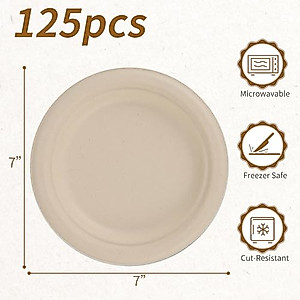 Moretoes 125 Pack 7 Inch Compostable Paper Plates, Plates Disposable Heavy Dutys, Natural Sugarcane Bagasse, Microwavable Plates Bulk (Unbleached)