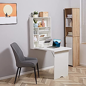 HOMCOM Compact Fold Out Wall Mounted Convertible Desk with Storage, White