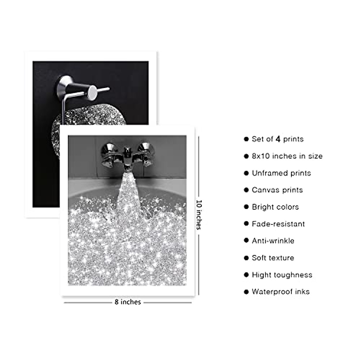 Bathroom Decor Wall Art Prints Glam Glitter Tissue Sliver Grey Funny Bathroom Toilet Paper Artwork for Wall Black and White Modern Fashion Art Gallery Wall Set (8"x10" UNFRAMED)