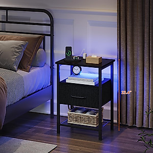 TRIFEBLE Night Stand Set 2, End Table with Charging Station, LED Bedside Table with Fabric Drawer for Bedroom, 3-Tier Side Table with Open Shelf, Black