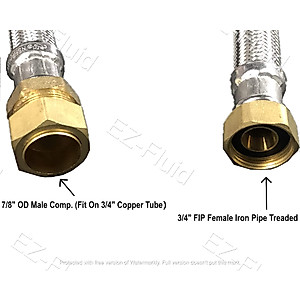 EZ-Fluid 3/4" Compression (7/8" OD) x 3/4"FIP x 12" Braided Flexible Stainless Steel Water Heater Connector Supply Line Water Hose for Female Iron Water Pipe Fitting or Copper Tubing,(1-Pack)