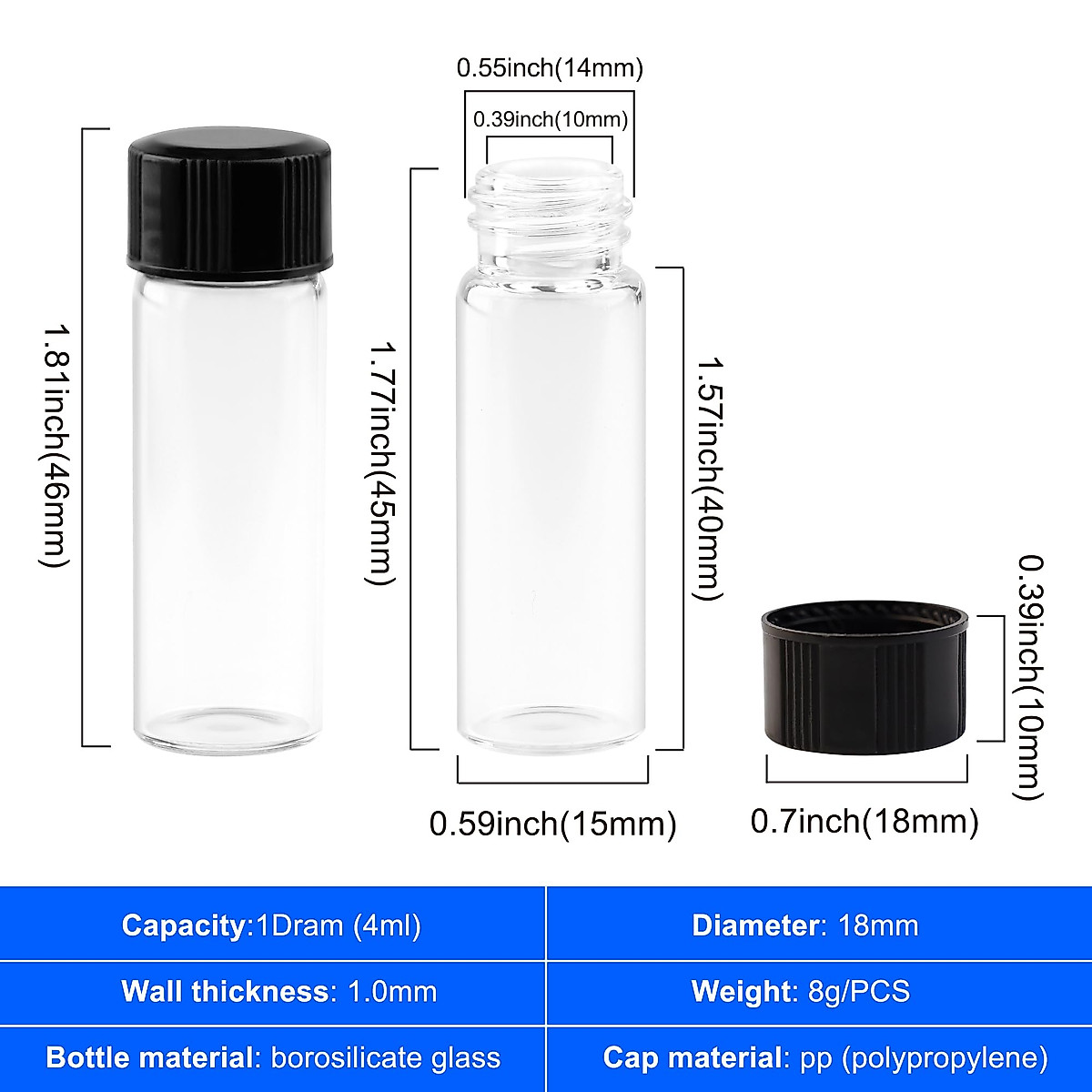 ETTSNU 10PCS 4ml Clear Glass Vials with Screw Caps and PE pad, 1 Dram Small Lab Sample Vials with Lids, Leak-Proof Liquid Storage Empty Vial (with Droppers and Marker Stickers)