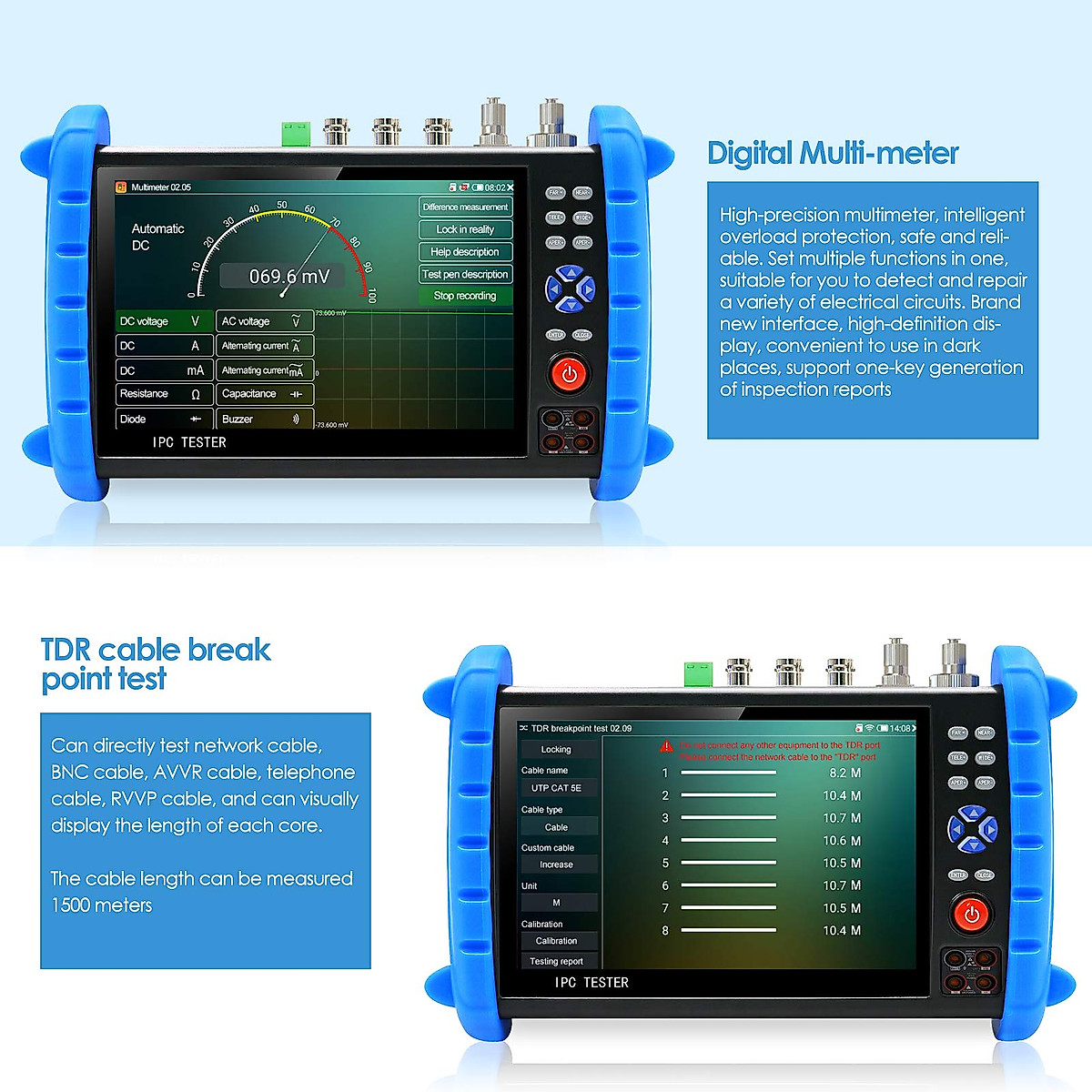 Rsrteng CCTV Camera Tester, IPCXS-ACHIMNORTUV Full Features 7-inch IPS Touch Screen Monitor CCTV Tester with HD-TVI HD-CVI AHD SDI IP Camera Support DMM TDR Features POE WiFi 4K HDMI