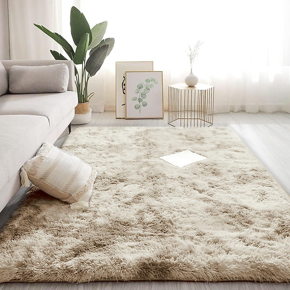 ROCYJULIN Area Rugs 5x7 for Bedroom, Fluffy Area Rugs for Living Room, Ultra Soft Non-Slip Large Shag Fuzzy Rug, Light Camel