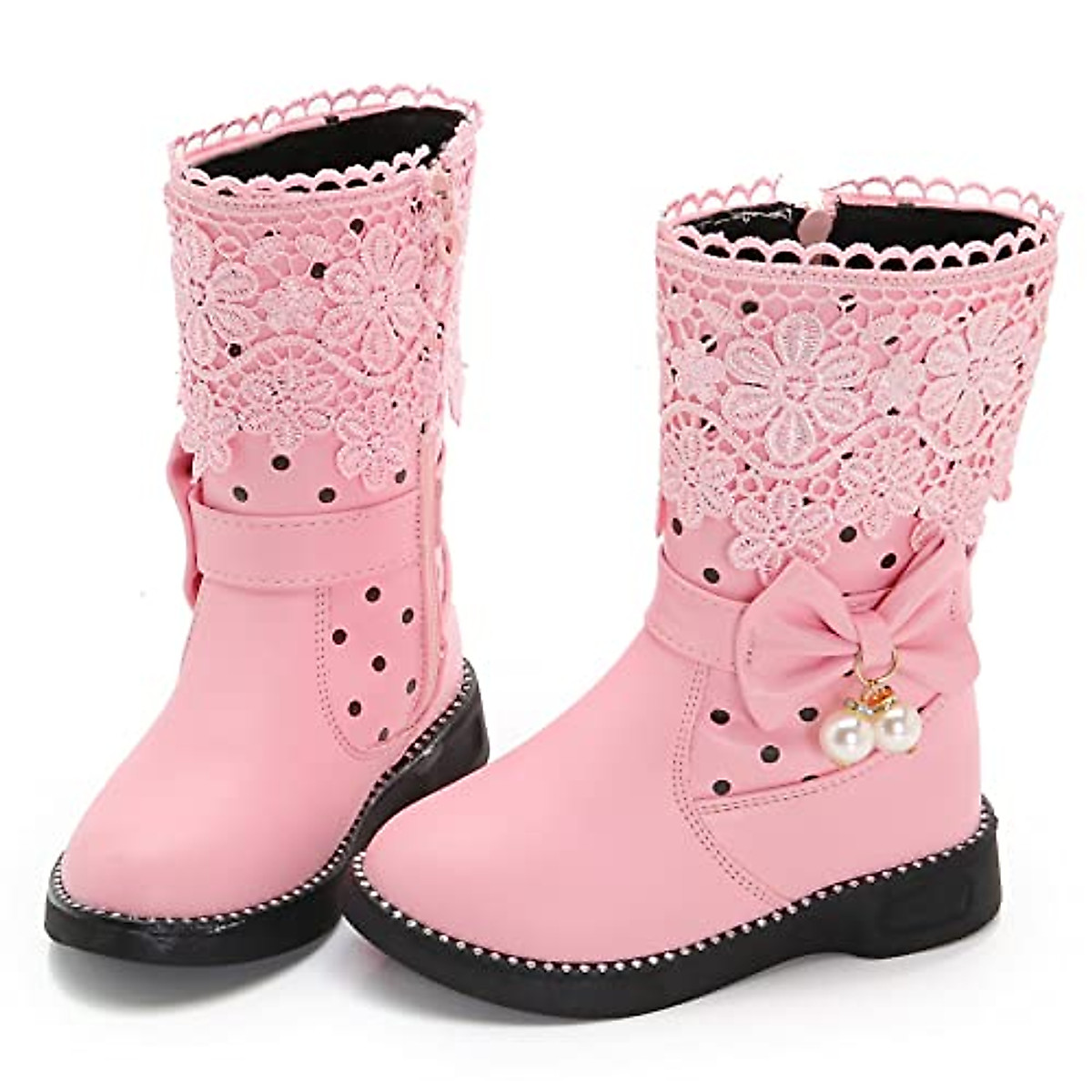 DADAWEN Girl's Waterproof Lace Bowknot Side Zipper Fur Winter Boots (Toddler/Little Kid/Big Kid) Pink(Update) US Size 2 M Little Kid