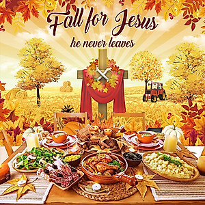 Fall for Jesus Backdrop Autumn Thanksgiving He Never Leaves Photography Background Maple Leaves Pumpkin Sunflower Friendsgiving Christian Religion Supplies Photo Banner (6x4ft(70x40inch))