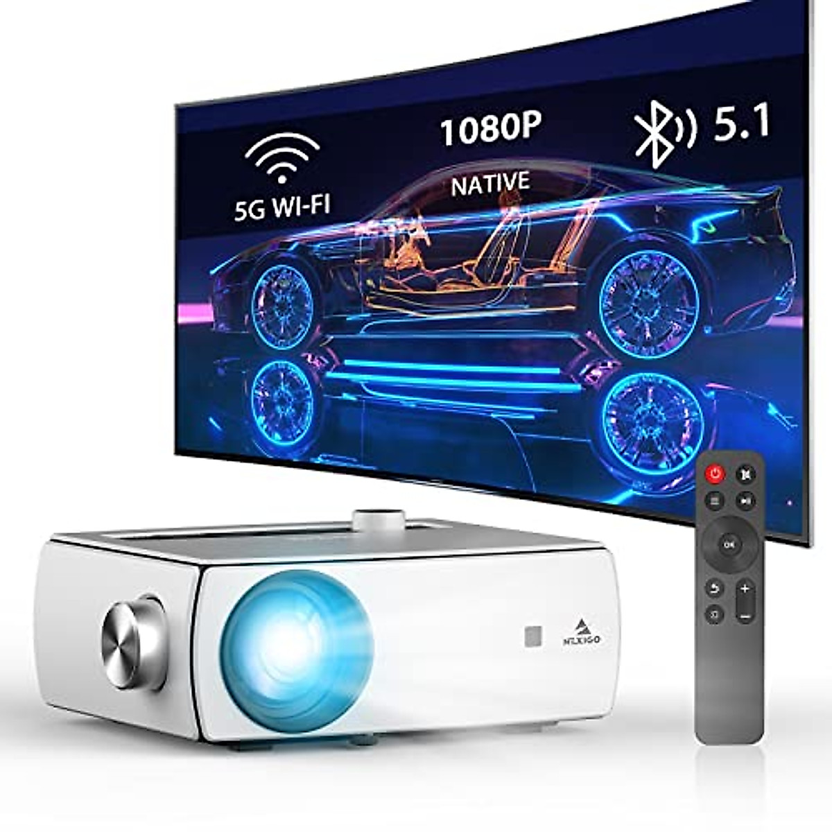NexiGo WiFi Bluetooth Projector PJ10, 220ANSI, Native 1080P Movie Projector, Dolby_Sound Support, Remote, Compatible with Phone, Computer, HDMI, USB, AV Interfaces