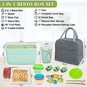 Korlon 30 Pcs Bento Box Adult Lunch Box Kit, 3-In-1 Compartment Japanese Lunch Box Kids with Spoon & Fork, 3 Layer Stackable Lunch Containers for Adults
