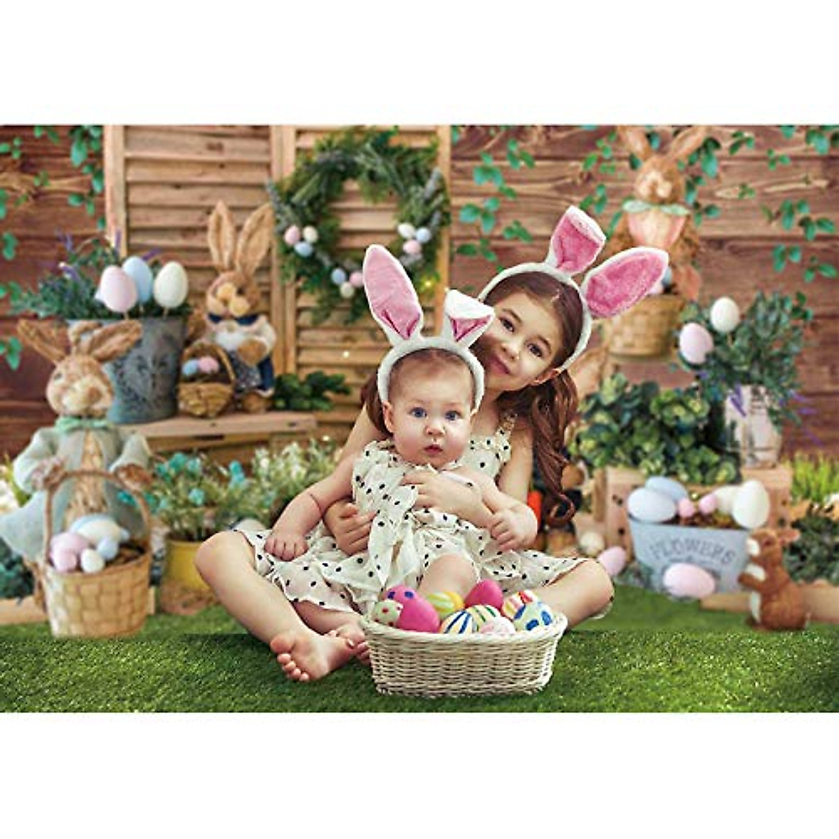 Funnytree 7x5FT Fabric Spring Happy Easter Backdrops for Photography Bunny Rabbit Grass Rustic Wood Background Baby Shower Party Supplies Decor Banner Portrait Studio Photoshoot Prop Photobooth Gift