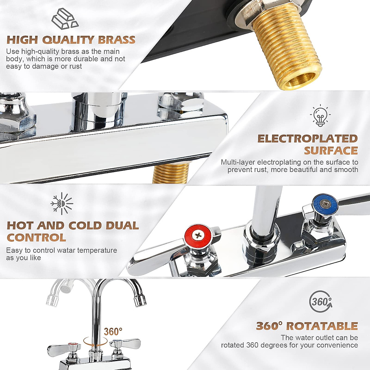 Commercial Bar Sink Faucet 4 Inch Center Deck Mount Bar Sink Faucet 2 Hole Brass Constructed & Chrome Polished with 3-1/2" Gooseneck Spout & Dual Lever Handles