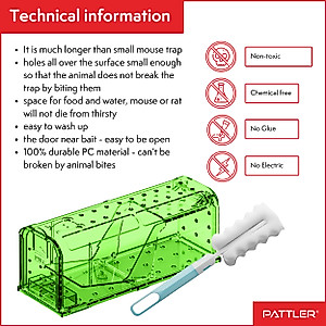 PATTLER® | New Large Humane Mouse Trap for Indoor and Outdoor Home | Mechanical Reusable Live Mouse Traps Catch and Release Mice from Garden, Garage, Attic, Inn, Hotel | Green | Pack of 2
