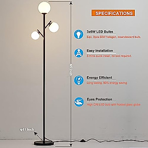 Fiqevs 3 Globe Modern Black Floor Lamp, Mid Century Contemporary Standing Lamp with Sphere Frosted Glass Shade and 3pcs 3000K LED Bulbs, LED Tall Floor Lamp for Living Room, Office, Hotel