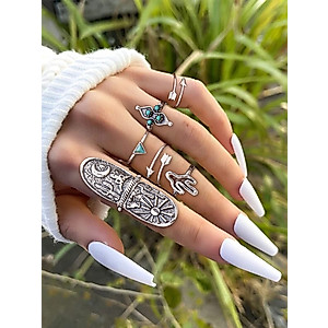 YANCHUN Turquoise Stackable Finger Ring Set Boho Knuckle Rings Midi Joint Carved Rings Western Jewelry for Women