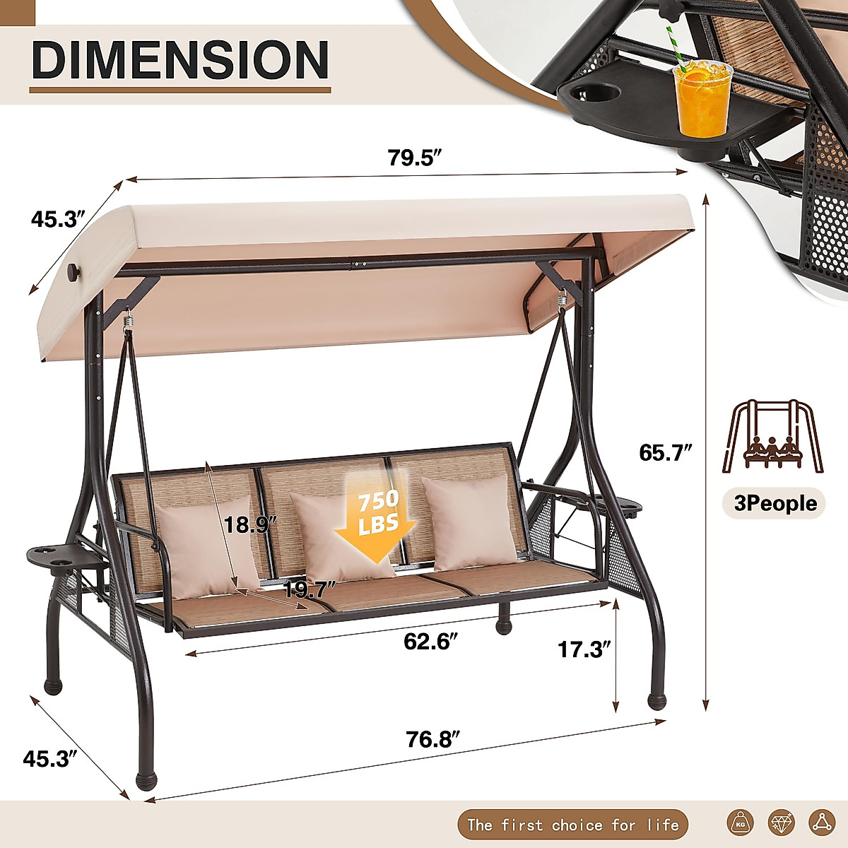 RYNSTO Outdoor Porch Swing with Adjustable Canopy, Backrest, 3-Person Patio Canopy Swing Textilene Bed with Side Cup Holder, Pillow for Garden, Deck, Back Yard, Lawn (Brown)