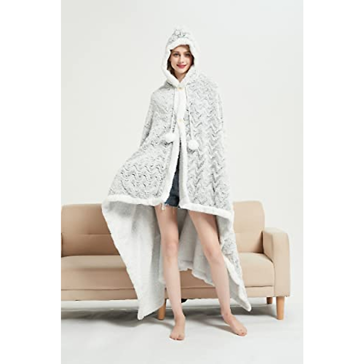 Chic Home Auburn Snuggle Hoodie Wavy Animal Pattern Robe Cozy Super Soft Ultra Plush Coral Fleece Sherpa Lined Wearable Blanket with 2 Pockets Hood Drawstring Button Closure, Silver-White, 51” x 71”