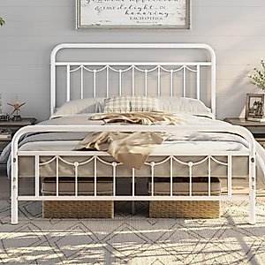 Yaheetech Queen Size Metal Bed Frame with Vintage Headboard and Footboard, Farmhouse Metal Platform Bed, Heavy Duty Steel Slat Support, Ample Under-Bed Storage, No Box Spring Needed, White
